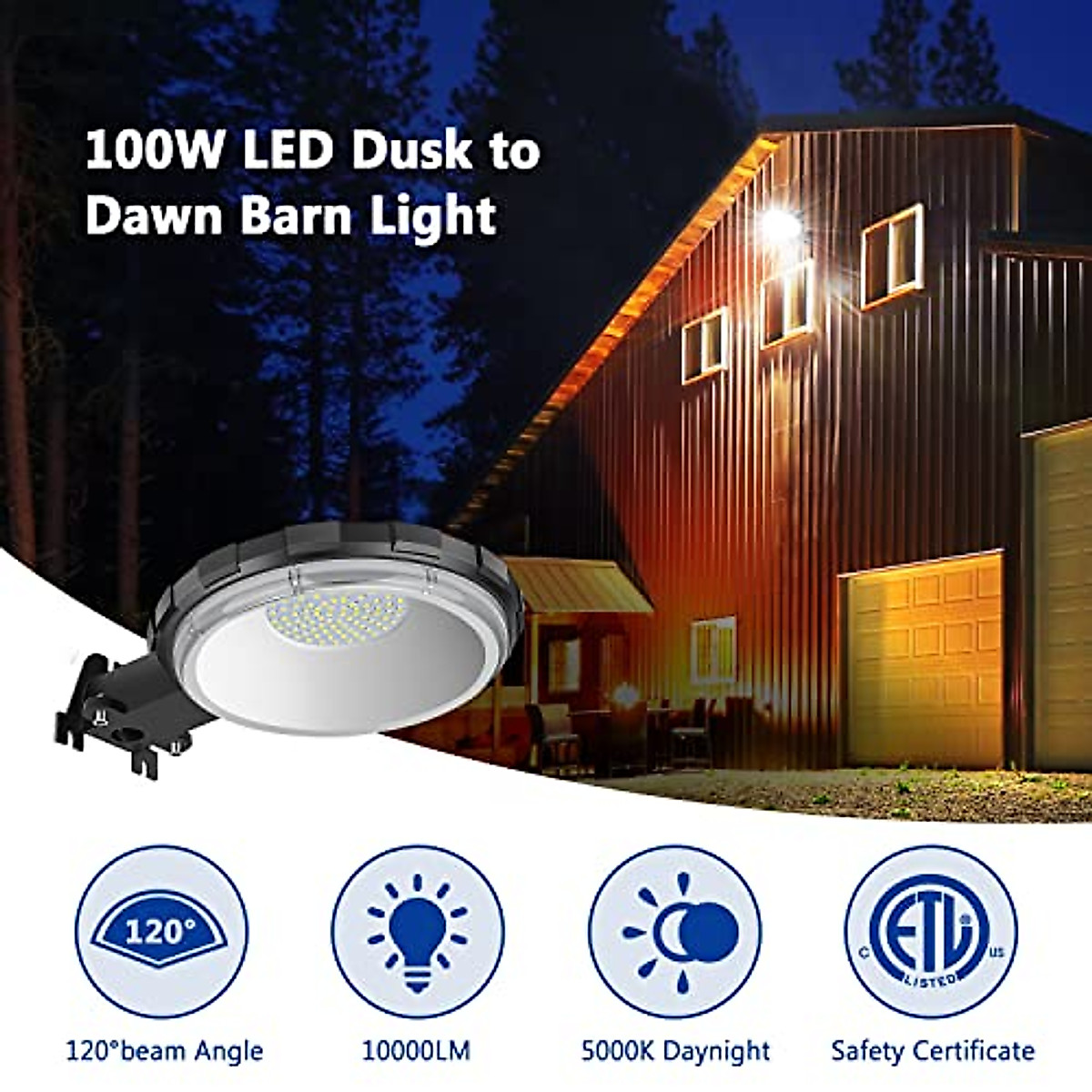 LED Barn Light, Dusk to Dawn Outdoor Lighting with 100W 10000LM 5000K Daylight, IP65 Waterproof Outdoor Security Flood Lights for Garage Yard Street Warehouse Use