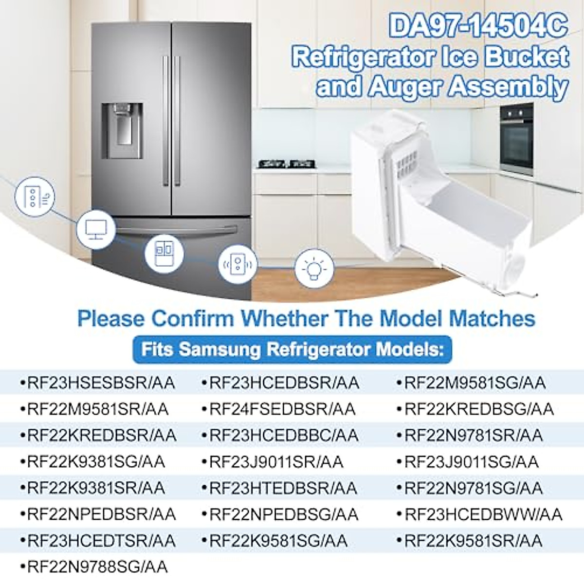 UPGRADED DA97-14504C Refrigerator Ice Bucket Compatible with Samsung Ice Bucket Replacement Ice Maker Tray Parts DA97-14504A Ice Container, AP6039681 RF23HCEDBSR RF22KREDBSR RF23J9011SR Ice Bin