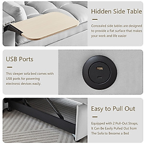 3 in 1 Sleeper Sofa Couch Bed, Convertible Sofa Bed with Side Table, Velvet Loveseat Pull Out Couch Bed with USB Port, Adjustable Backrest, Storage Pockets, for Living Room, Small Space, Office, Grey