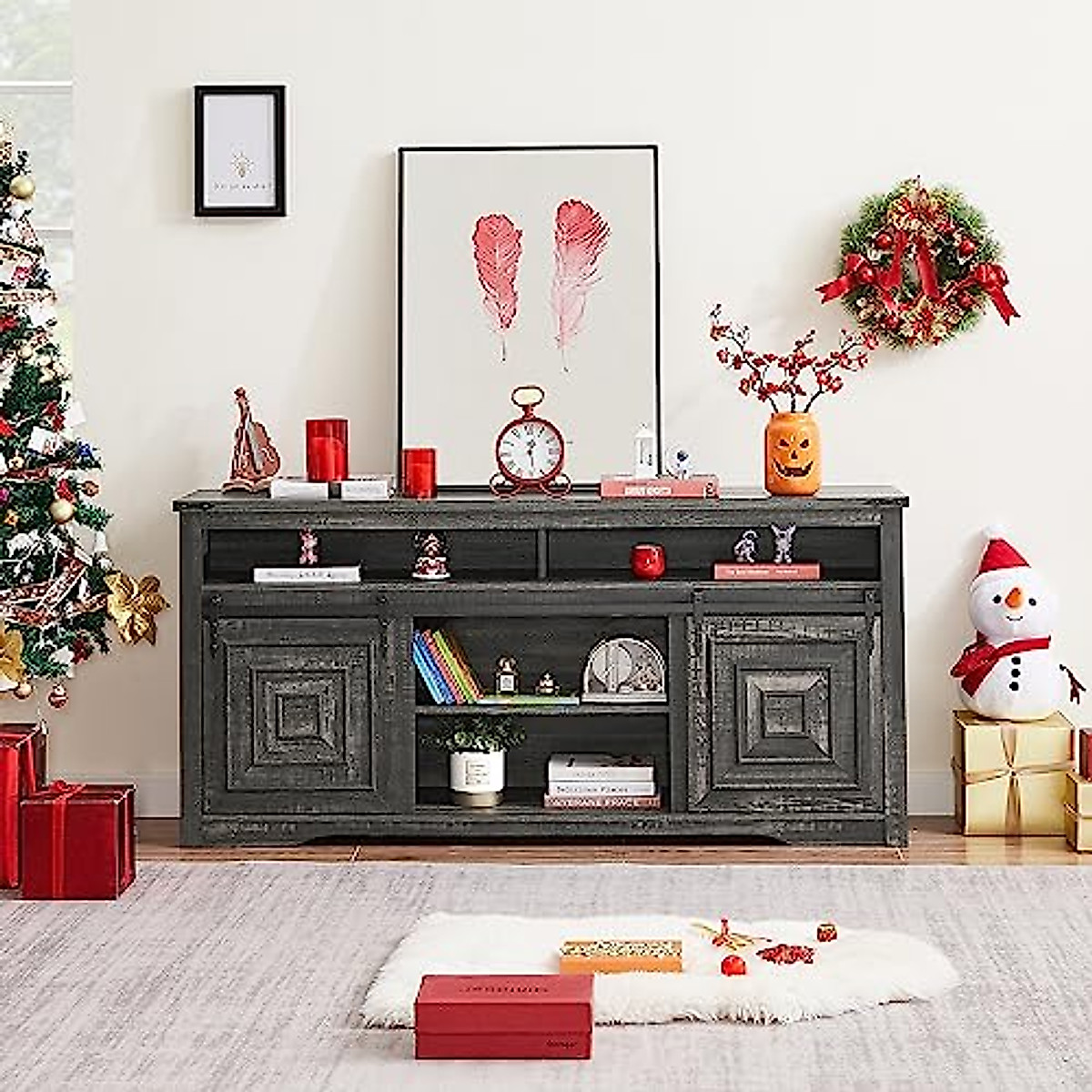 Okvnbjk TV Stand for 75+ inch TV, 66" Farmhouse Entertainment Center w/Adjustable Shelves & Sliding Barn Doors, Tall TV Console for Living Room, Game Room, Black Media Console w/Storage, Dark Oak