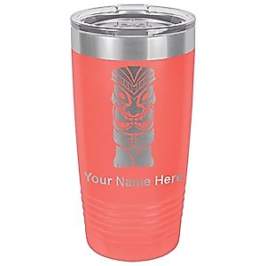 LaserGram 20oz Vacuum Insulated Tumbler Mug, Tiki Statue, Personalized Engraving Included (Coral)