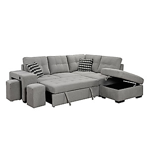 Familymill 100'' Modern Upholstered Fabric L-Shaped Convertible Corner Sectional Sofa Bed, Pull-Out Sleeper Sofa Bed with Storage Ottoman, USB Ports, and 2 Stools (Light Gray, L Shaped)
