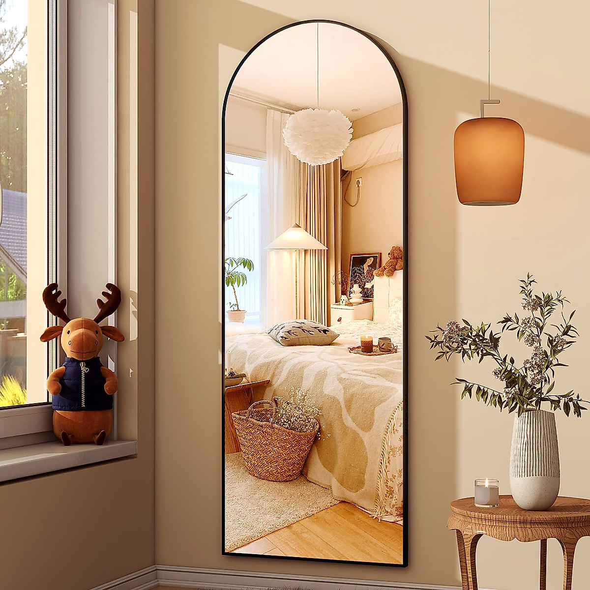 XRAMFY 58"x18" Arched Full Length Mirror Floor Mirrors with Aluminum Alloy Frame Free-Standing Wall Mounted Floor Mirrors or Large Dressing Mirror, Black Mirror Full Length