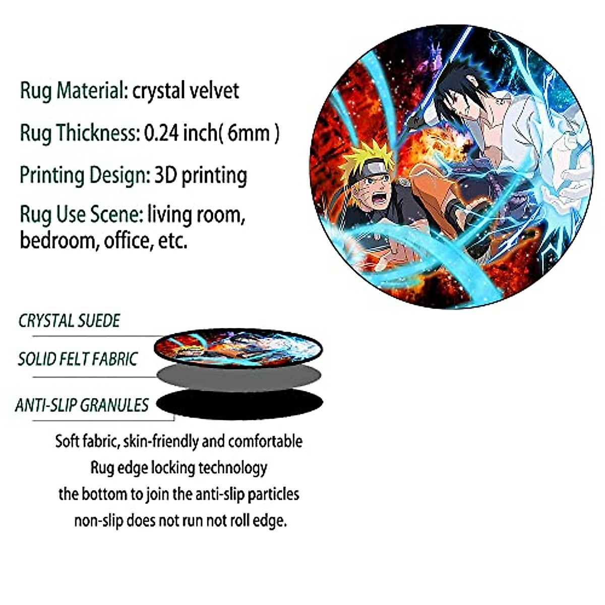 Anime Round Rug Thickened Non-Slip Locking Edge Large Size Round Area Rug, Anime Round Mats Carpet Decoration for Living Room Bedroom Gaming Room 40 inch, 15
