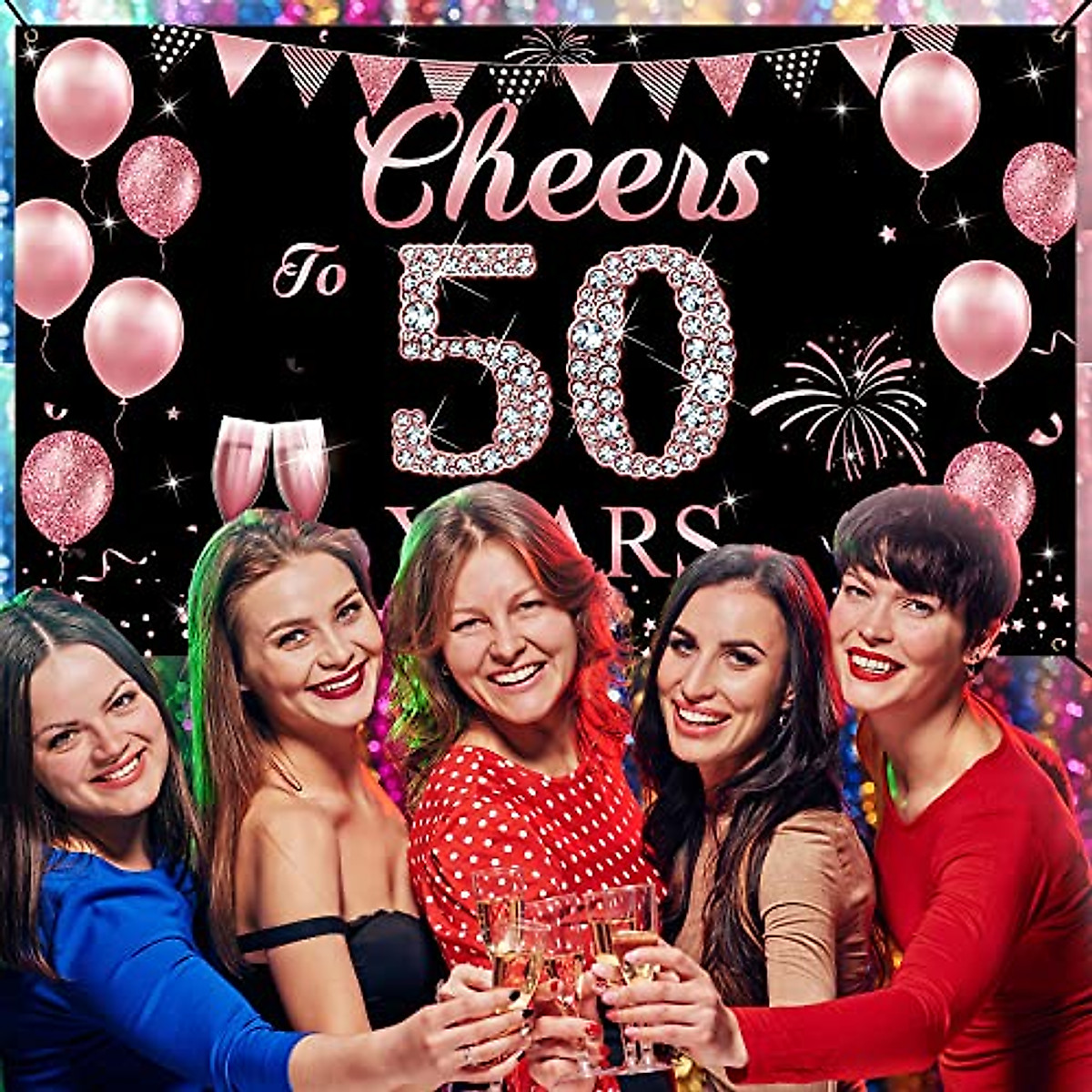 Happy 50th Birthday Decorations for Women, Cheers to 50 Years Backdrop Banner, Rose Gold 50th Birthday Party Yard Banner, 50th Wedding Anniversary Decoration Banner for Outdoor Indoor, Vicycaty