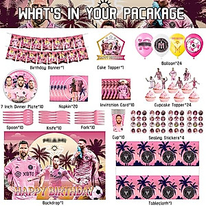 𝓜𝓮𝓼𝓼𝓲 Birthday Party Decorations 136pcs Pink Miami Birthday Supplies,Include Happy Birthday Banner,Balloons,Cake Topper,Cupcake Topper Backdrop,Tablecloth Etc Meet all your needs