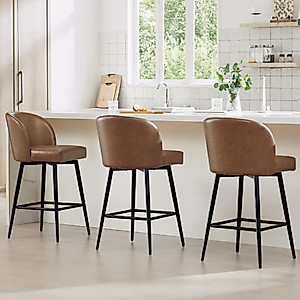 Watson & Whitely Counter Height Bar Stools Set of 3, 360° Swivel Upholstered Barstools with Backs and Metal Legs, 26" H Seat Height, Faux Leather in Saddle Brown