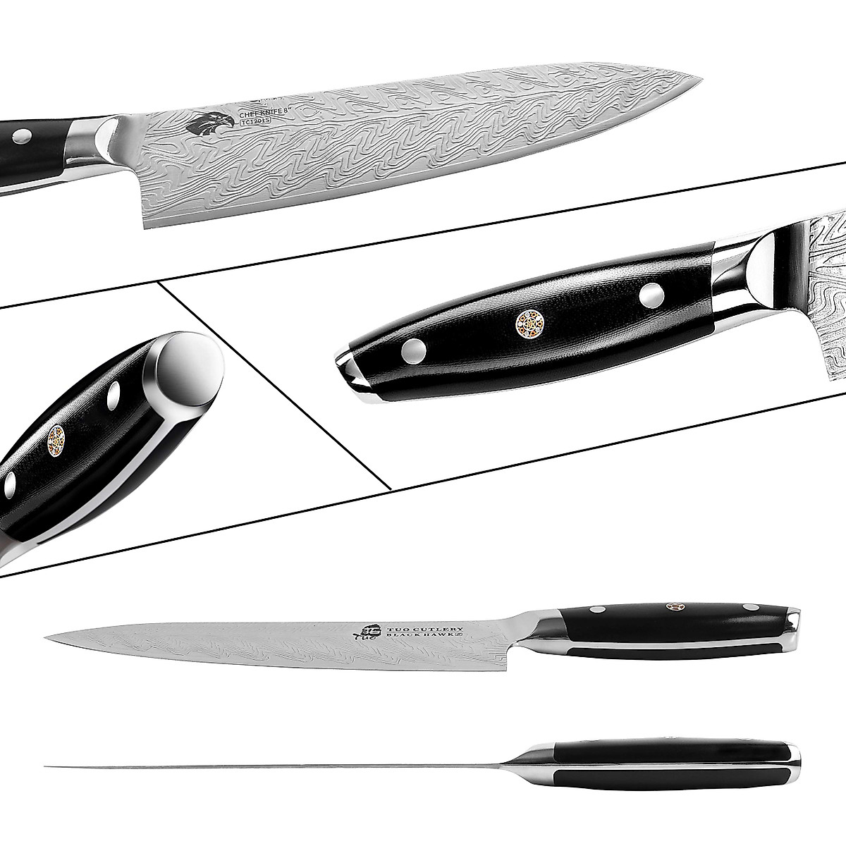 TUO Chef Knife - Kitchen Knives 8-inch High Carbon Stainless Steel - Pro Chef Vegetable Meat Knife with G10 Full Tang Handle - Black Hawk-S Series Knives Including Gift Box