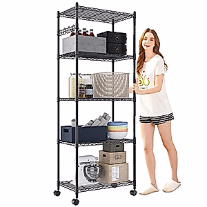 Devo 5-Tier Shelf Storage Shelves, Metal Shelves for Storage, Wire Shelving Unit, Adjustable Shelves Organizer for Garage, Pantry, Kitchen, Side Hooks, Black