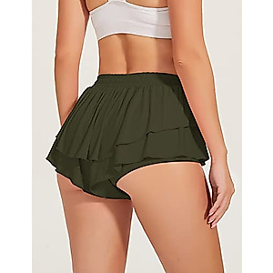 Loovoo Summer Flowy Athletic Shorts Women High Waisted Ruffle Layered Running Shorts Sporty Active Gym Shorts Army Green,M