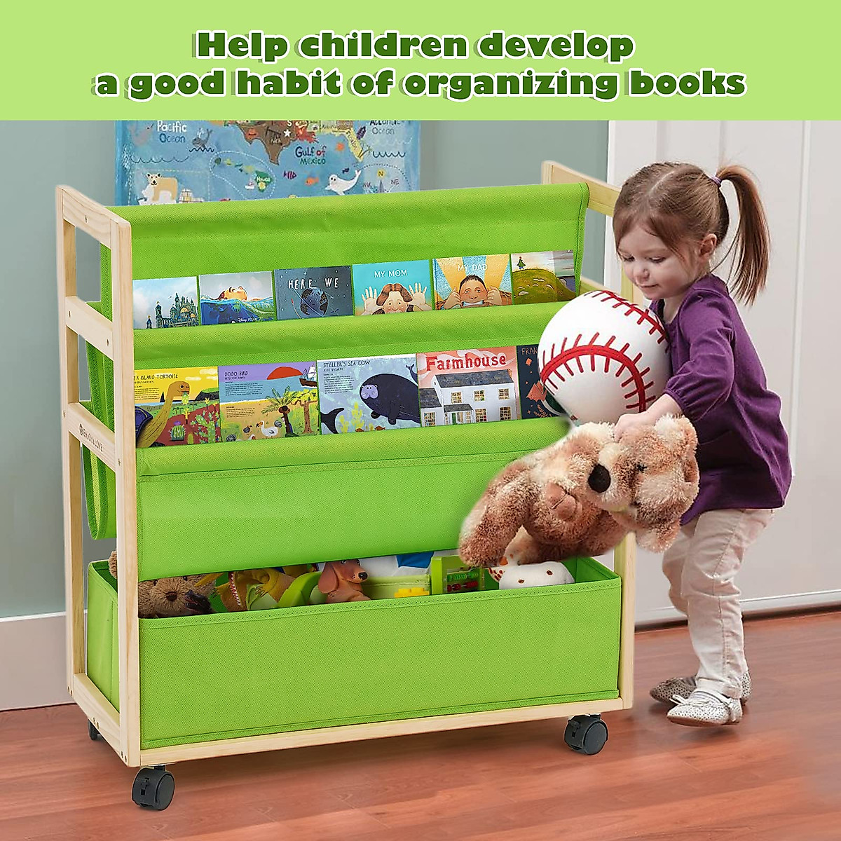 Jomifin Rolling Bookshelf with Toys Storage Bins, Kids Sling Book Shelf with Wheels Large Capacity for Kids Bedroom Playroom - Double Sided