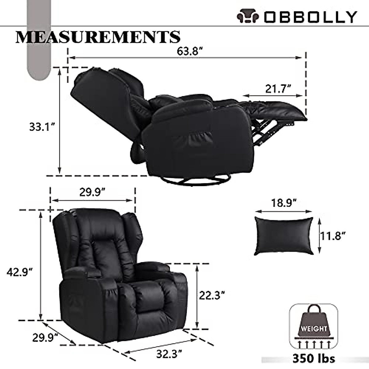 OBBOLLY Swivel Rocker Recliner Chair - Manual Glider Rocking Recliner Chair, Wingback Design 360° Swivel Chair with Lumbar Pillow, Cup Holders, Side Pockets for Living Room, Faux Leather (2, Black)