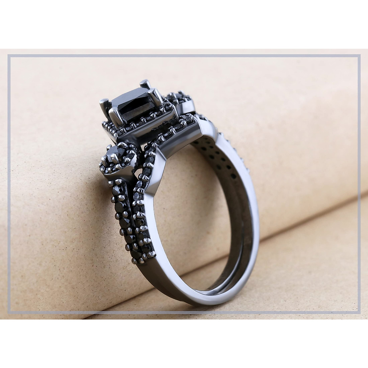 Dazzlingrock Collection 2.10 ctw Princess & Round Black Diamond Chevron Ring Set for Women in Black Plated Sterling Silver, Size 9.5