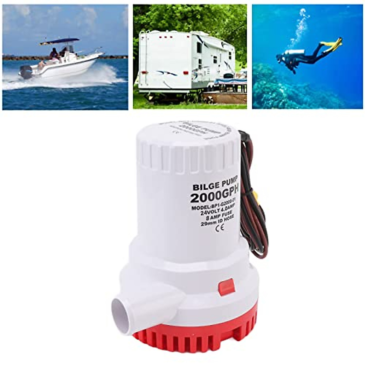 Bilge Pump 2000 GPH, Non Vibration Silent Free Operation Bilge Pump Micro for Marine Sewage (24V)