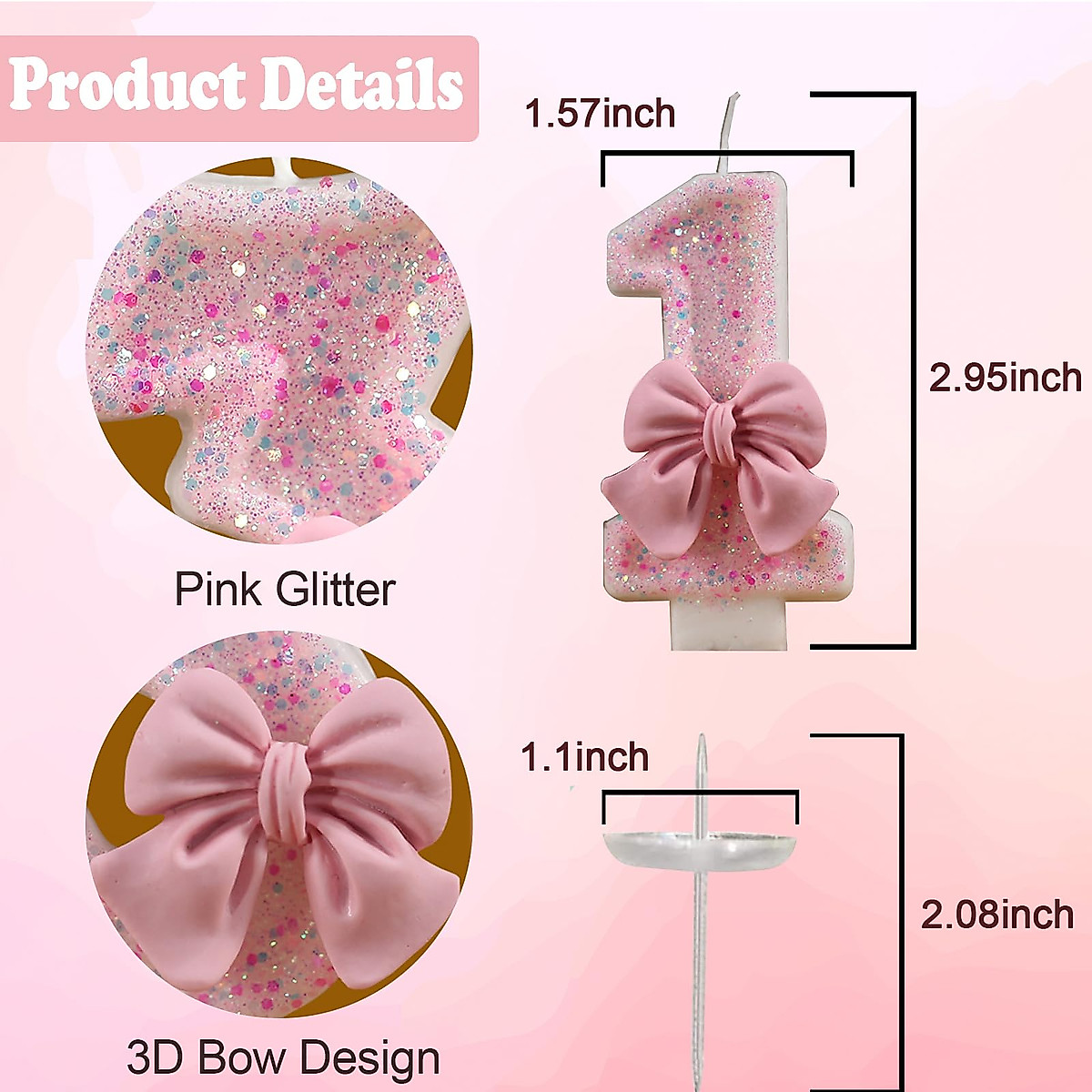 Pink Number 1 Birthday Candle, Girl 1st ​Birthday Party Pink Theme Decorations Supplies, 3D Bow Designed Glitter Pink Number Candles for Birthday Cake Topper Decorations (1 Candle Pink)