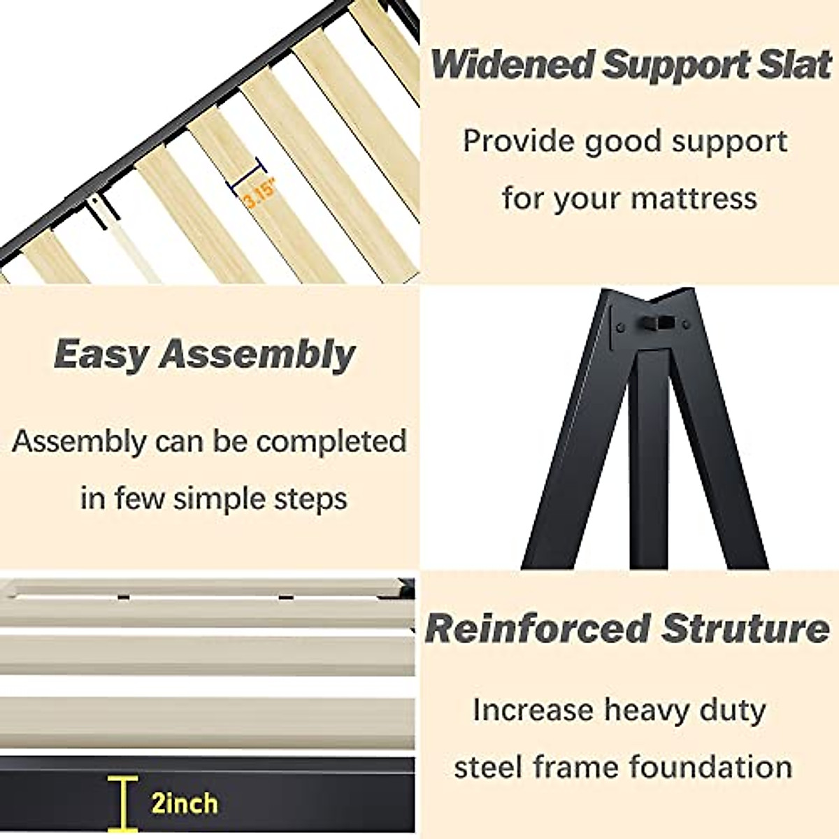 ZIYOO Queen Size Bed Frame 16 Inches High, 3 Inches Wide Wood Slats with 3500 Pounds Support for Foam Mattress, No Box Spring Needed, Heavy Duty Metal Platform Bed Frame, Easy Assembly, Noise Free