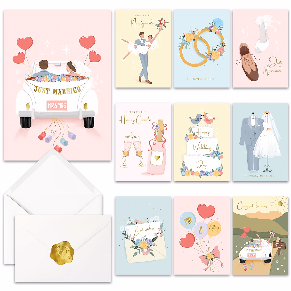 AUDREE 10 Modern Gold Foil Wedding Cards for Bride And Groom with Envelopes (5”x7”), Assorted Greeting Cards For Bridal Shower, Engagement, Newlywed, Wedding Congratulations, Wedding Cards Bulk