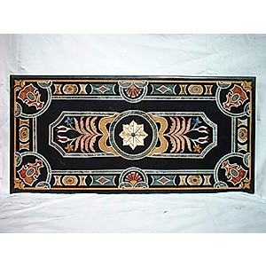 48" x 24" Inch Dinning Table Natural Black Marble Inlay Semi Precious Stones, Eating Table, Marble Patio Table, Rectangular Table