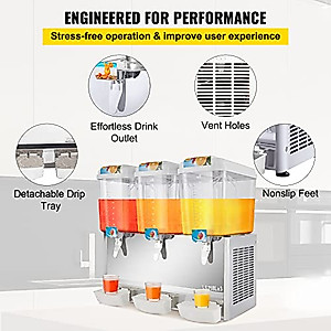 VEVOR Commercial Beverage Dispenser, 14.25 Gallon 3 Tanks Commercial Drink Dispenser, 350W Food Grade Material Stainless Steel Commercial Juice Dispenser With Thermostat Controller for Cold Drink