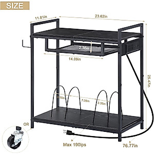SEHERTIWY Record Player Stand with Vinyl Storage, Black Turntable Stand with Charging Station, Record Player Holder with Detachable Wheels