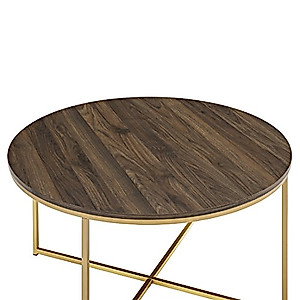 Walker Edison Cora Modern Round Faux Marble Top Coffee Table with X Base, 36 Inch, Walnut and Gold