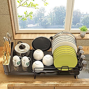 PXRACK Dish Drying Rack, Expandable(19.1"-26.9") Large Capacity Dish Rack and Drainboard Set, Stainless Steel Dish Drainers with Utensil Holder for Kitchen Counter, Black