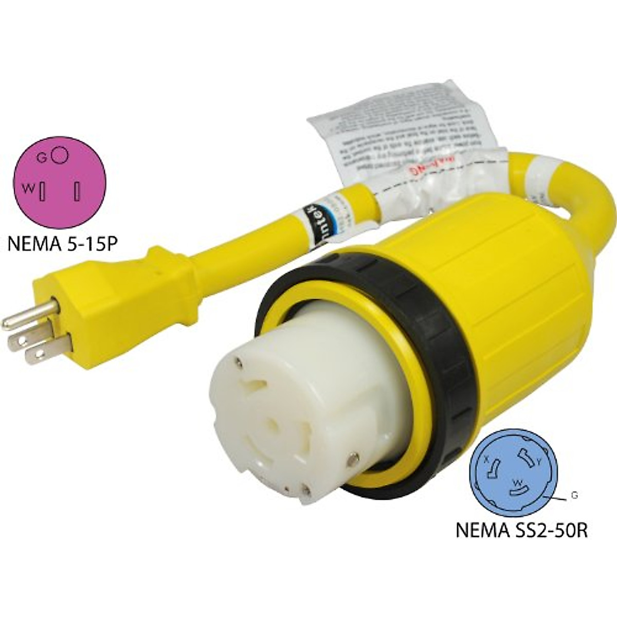 Conntek 14222 RV 1.5-Foot Pigtail Adapter Power Cord 15 Amp Male Plug To 50 Amp 125/250 Volt Locking Female Connector , Yellow