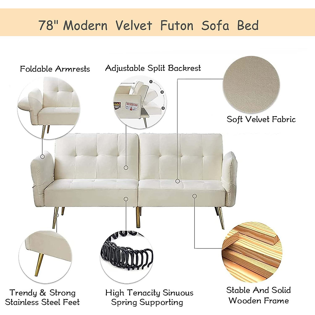 Modern Velvet Futon Sofa Bed,Convertible Folding Sleeper Sofa with 3 Angles Adjustable Back and Armrests,Recliner Couch Bed with Metal Legs for Small Space,Living Room Bedroom Apartment Office,Beige