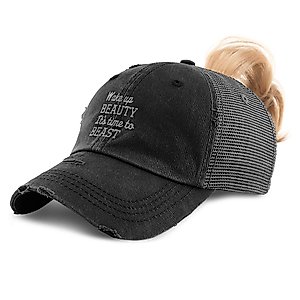 Speedy Pros Womens Ponytail Cap Wake up Beauty Time to Beast A Embroidery Cotton Distressed Trucker Hats Strap Closure Black
