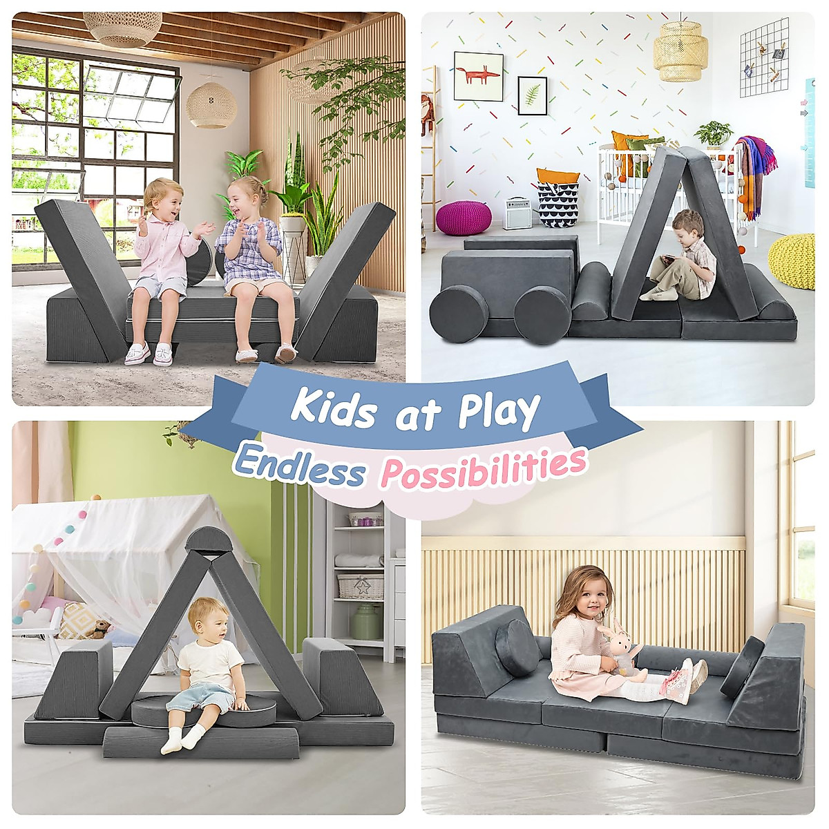 Esazn Kids Couch 10PCS Toddler Couch Kids Sofa, Modular Kids Play Couch, Nugget Couch Fold Out Couch Convertible Sofa Multifunctional Foam Play Couch for Playroom Bedroom, Small, Grey