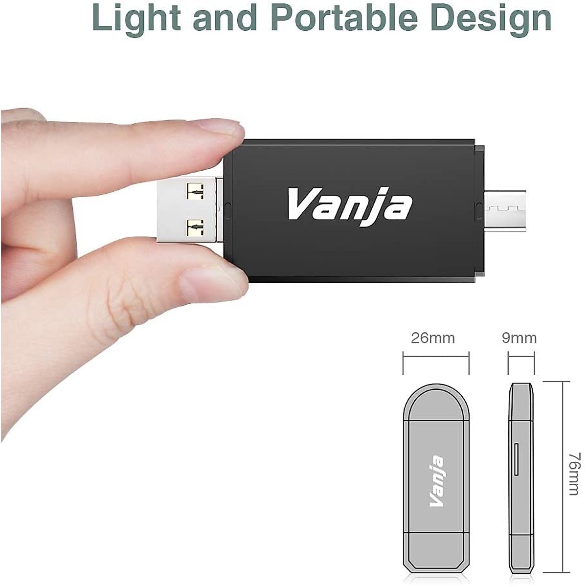 Vanja 3-in-1 SD Card Reader USB-C/USB-A/Micro USB Portable Memory Card Reader Trail Camera SD Card Adapter for SD, SDXC, SDHC, MMC, RS-MMC, Micro SD, Micro SDXC, Micro SDHC and UHS-I Cards