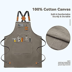Bluegogo Chef Aprons for Men Women, Cotton Canvas Cross Back Adjustable Apron with Large Pockets for Kitchen Garden Salon (Grey)