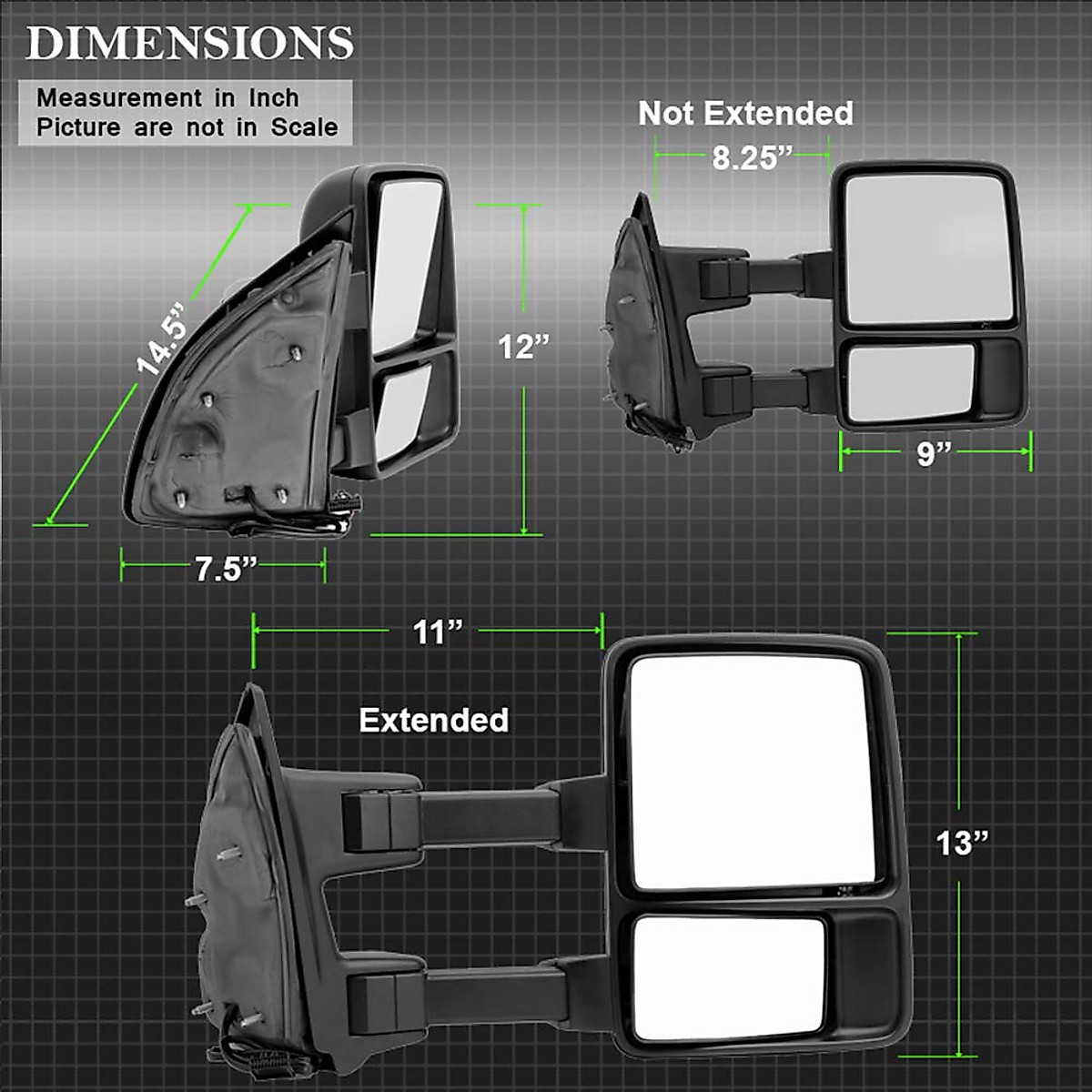 ACANII - Telescoping Manual Non Heat LED Signal Towing Mirror Passenger Side For 2008-2016 Ford F250 / F350 Super Duty