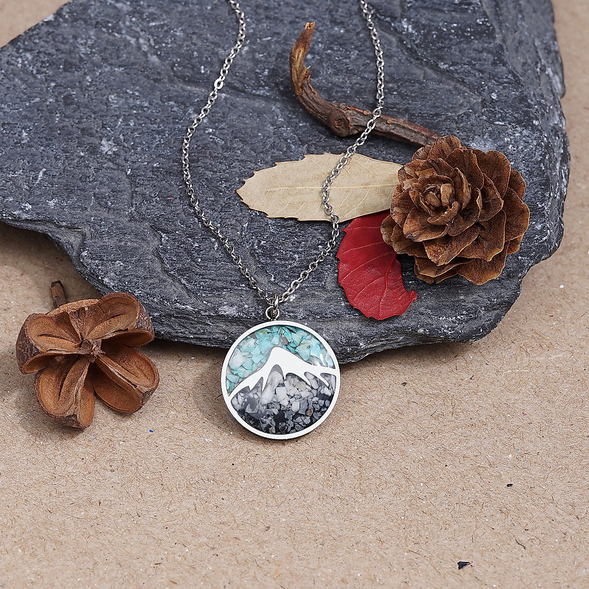 Lauren-Spencer Gemstone Mountain Necklace for Women Turquoise Sodalite Tumbled Chips Pendant Necklace Dainty Circle Mountain Range Necklaces for Women Girls Nature Jewelry Gift, Stainless Steel,