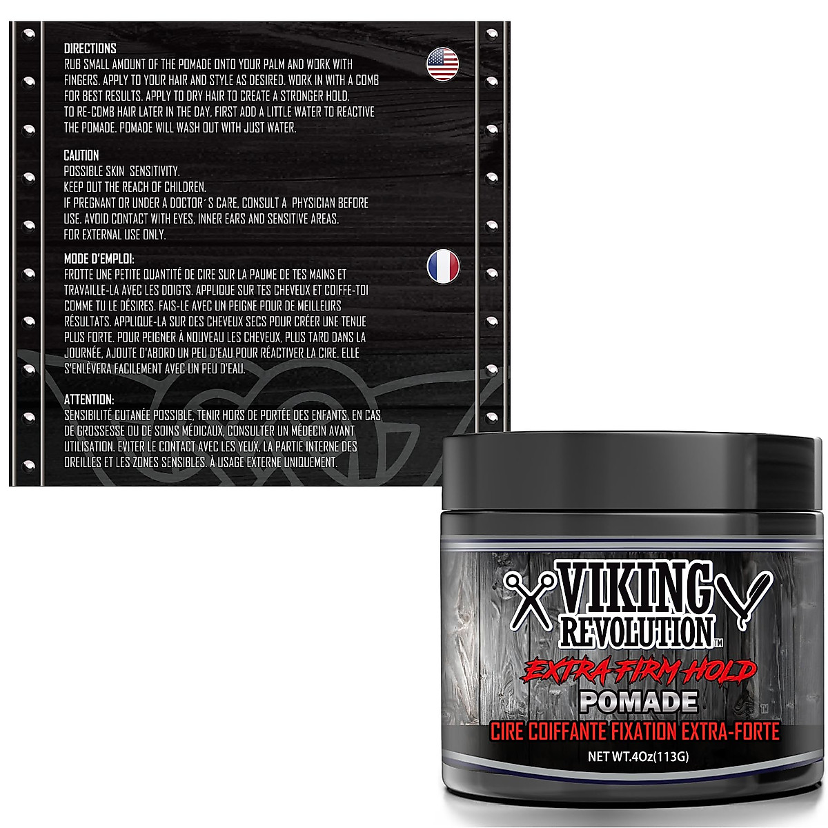 Viking Revolution Extreme Hold Pomade for Men – Style & Finish Your Hair - Extra Firm,Strong Hold & High Shine for Men’s Styling Support - Water Based Male Grooming Product is Easy to Wash Out, 4oz