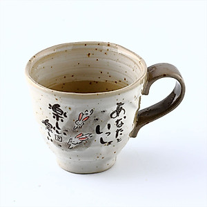 Japanese Mino Yaki(Ware) Ceramic Coffee Mugs Set of 2, Japanese Poem Rabbit Design, Gray 8.8 fl oz, Handmade Tea Cups, for Tea Ceremony, Green Tea, Matcha Tea, Japanese Cute Gifts