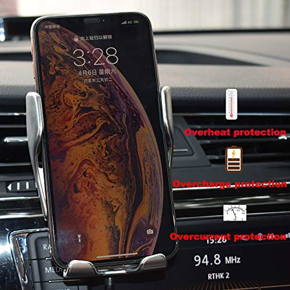 Survival-Pax Co. Smart Sensor Wireless Car Charger Mount, Automatic Clamping QC/QI 10W Fast Charging Car Charger Holder Compatible with iPhone 11/Xs/Xs Max/XR/X,Samsung Note 9/S9/ S9+/S8 etc (Gold)