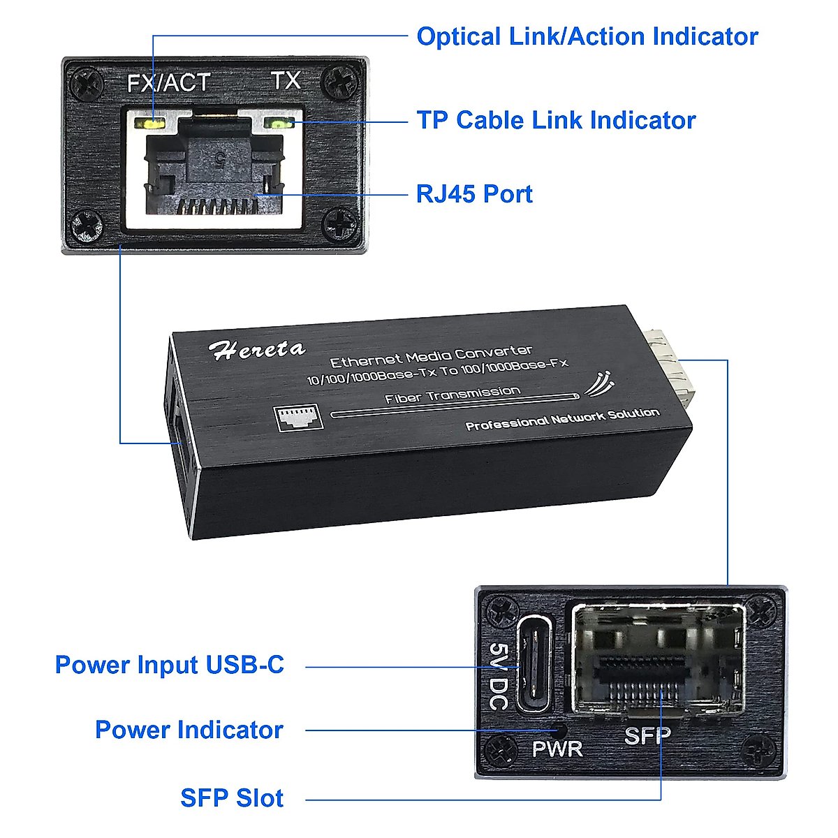 Industrial Hardened Gigabit Fiber Media Converter with Single Mode Dual Fiber SFP/LC Module 10/100/1000Base-TX to 100/1000Base-Fx Mini Ethernet Media Converter USB Type C Power Input
