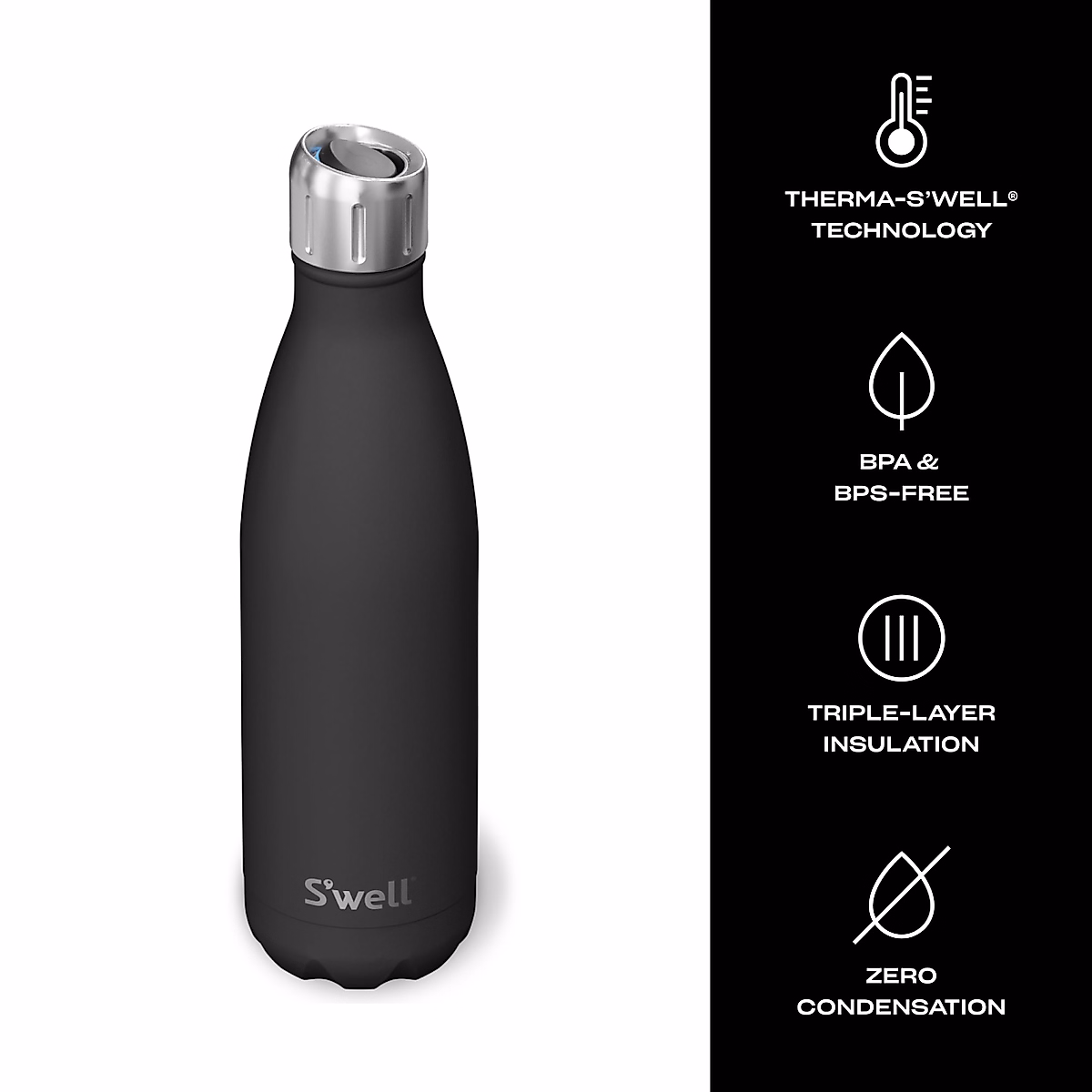 S'well Stainless Steel Water Bottle with Sports Cap, 17oz, Onyx, Triple Layered Vacuum Insulated Containers Keeps Drinks Cold for 36 Hours and Hot for 10, BPA Free, Perfect for On the Go