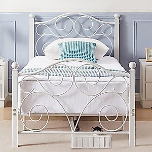 VECELO Twin Size Bed Frame with Headboard and Footboard, Heavy Duty Metal Slat Support, Platform Mattress Foundation, No Box Spring Needed, Easy Assembly, White
