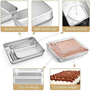 E-far Baking Pan with Lid(12.4/10.4/9.4 inch), Stainless Steel Rectangular Sheet Cake Pans with Cover, Metal Bakeware Sets for Lasagna Casseroles Brownie, Non-toxic & Dishwasher Safe - 3 Pans + 3 Lids