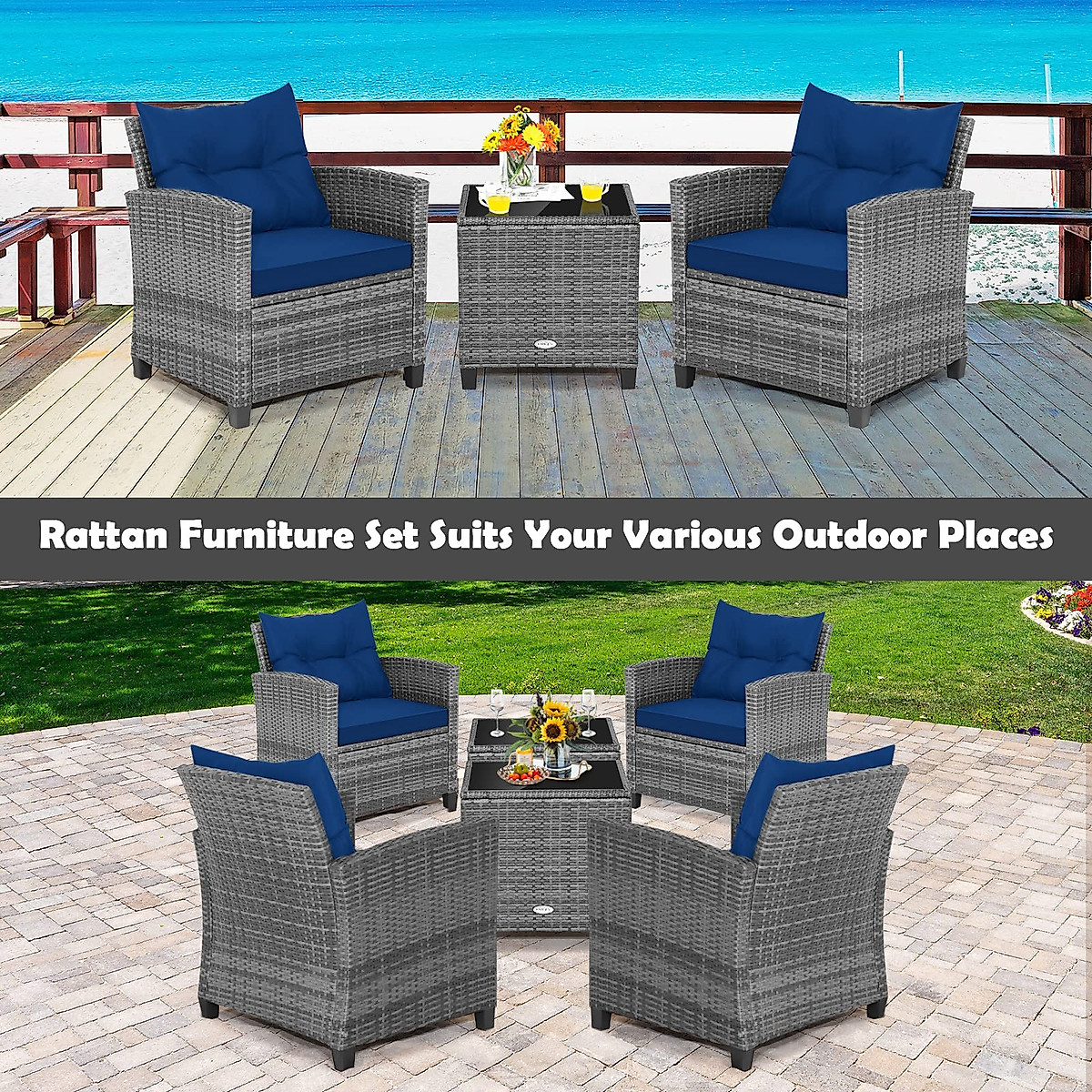 Tangkula 3 Pieces Patio Furniture Set, Outdoor PE Rattan Conversation Chair Set with Tempered Glass Side Table and Removable Cushions, PE Wicker Chairs and Table Set for Porch, Balcony and Garden
