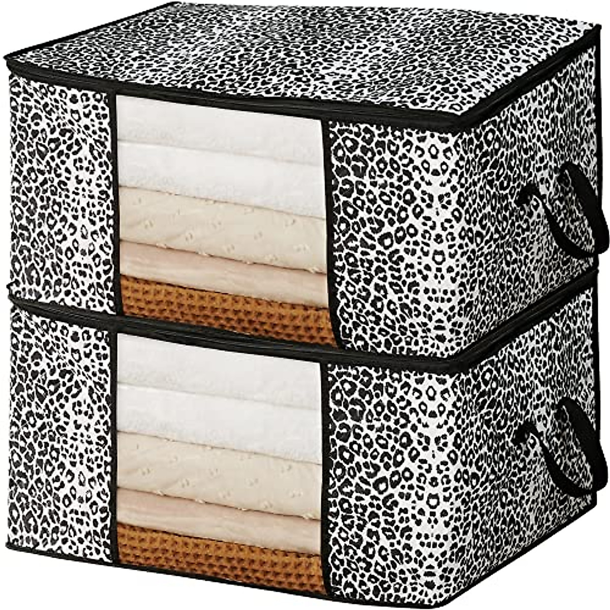 CLOZZERS Large Organization and Storage Bag with Reinforced Handles, Clear Window, and Sturdy Zipper. For Clothing, Comforters, and Bedding, Dorm Room Organizer Set of 2 - Animal Print Black