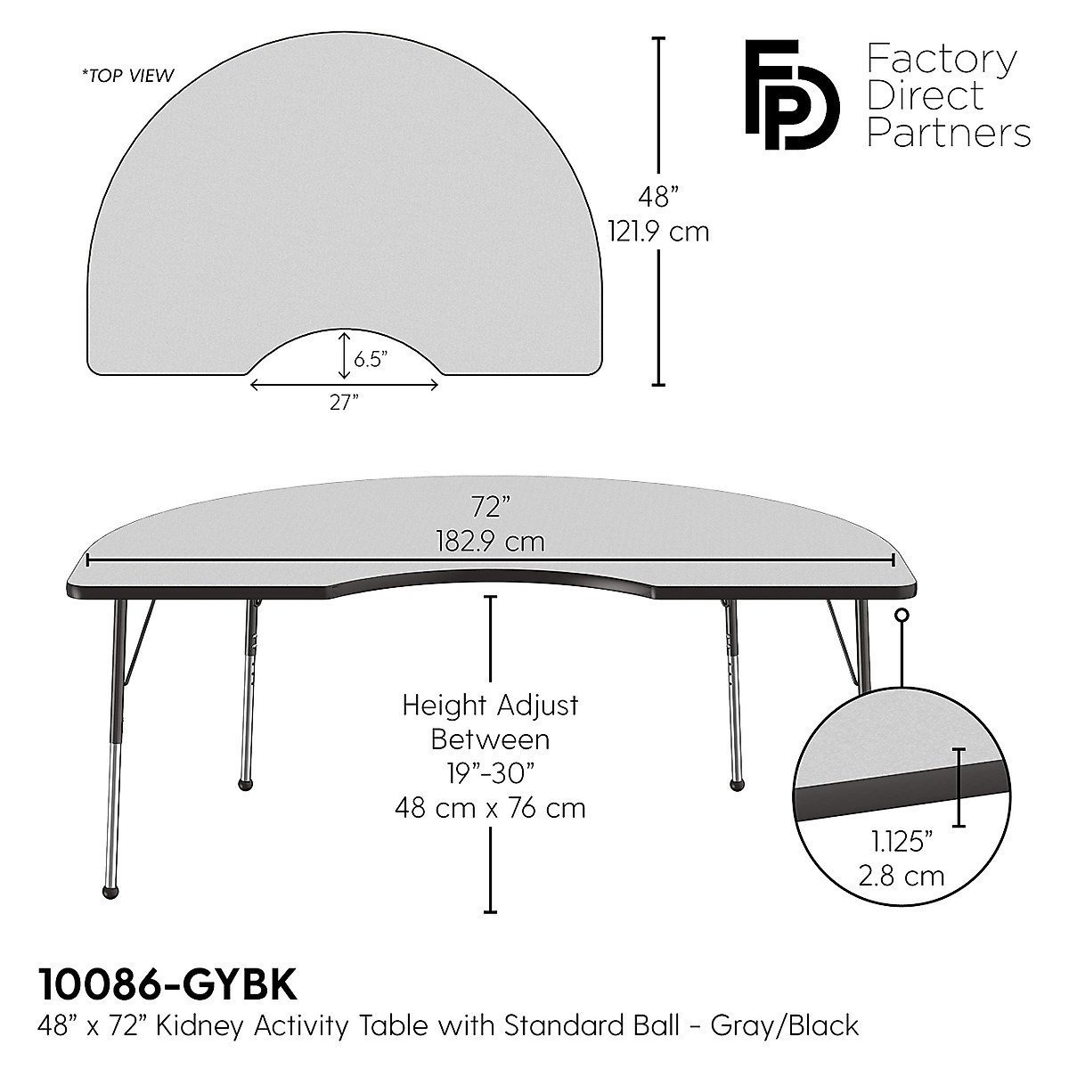 Factory Direct Partners 10087-GYGN Kidney Activity School and Office Table (48" x 72"), Standard Legs with Ball Glides, Adjustable Height 19-30" - Gray Top and Black Edge