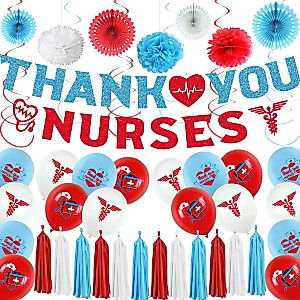 LOONELO Thank You Nurse Party Decorations, 44pcs Nurses Appreciation Week Party Supplies, Congrats Nurse Banner Hanging Swirls Balloons Party Set for Nursing School RN Graduation Party