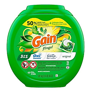 Gain flings Laundry Detergent Soap Pacs HE Compatible Long Lasting Scent, Original Scent, 76 Count