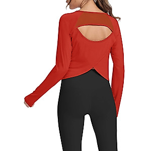 Mippo Womens Long Sleeve Workout Shirts Athletic Shirt Yoga Top Gym Wear Open Back Workout Top Cropped Workout Top Work Out Tshirts Pilates Clothes for Women Red L