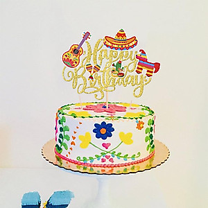 1 Pack Happy Birthday Fiesta Cake Topper Guitar Cactus Donkey Rackets Pepper Cake Pick for Mexican Fiesta Theme Baby Shower Birthday Party Cake Decorations Supplies Gold