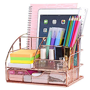 POPRUN Desk Organizers and Accessories for Women with Drawer, Cute Desk Supplies and Stationary Oganizer for Home and Office Desk Decor, Metal Mesh Desk Organization and Storage (Rose Gold)