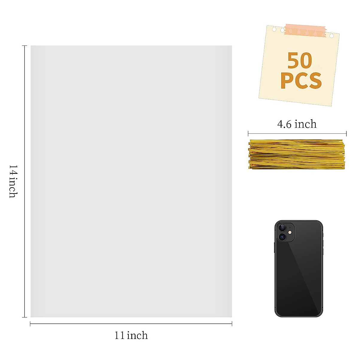 Nistar Cellophane Bags, 50pcs 11x14 Inch Candy Bags Cookie Bags Cellophane Treat Bags Plastic Clear Goodie Bags for Gift Wrapping, Bakery,Toast, Dessert, Party Favors Packaging with Twist Ties